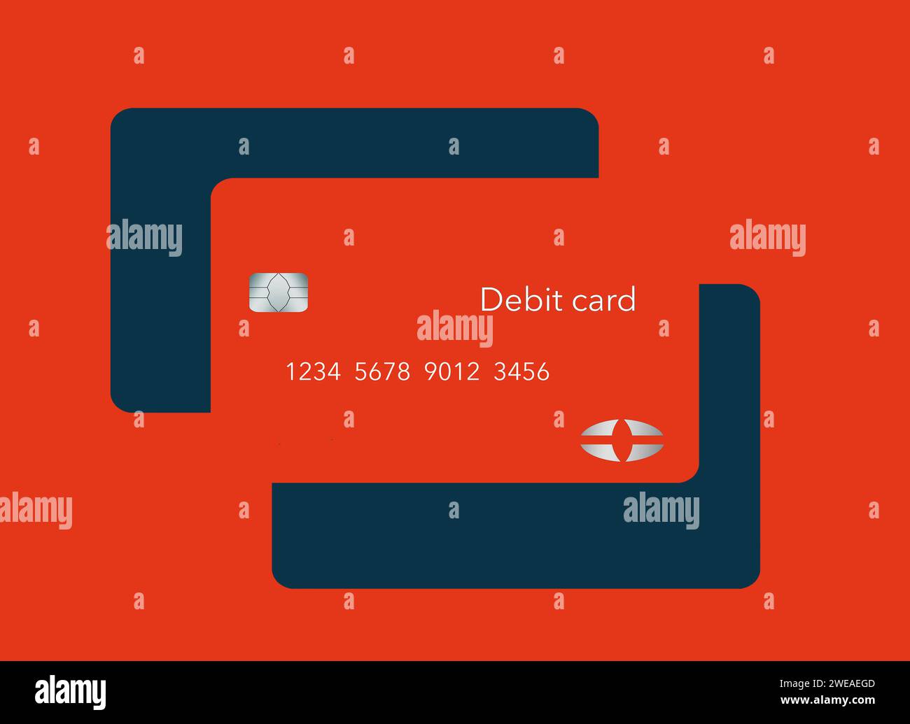 A debit card is seen in a graphic illustration that is colorful. It is ...