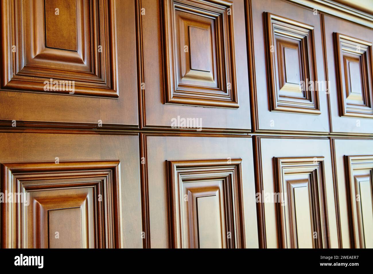 Luxurious Mahogany Wood Panels with Geometric Design, Eye-Level View ...