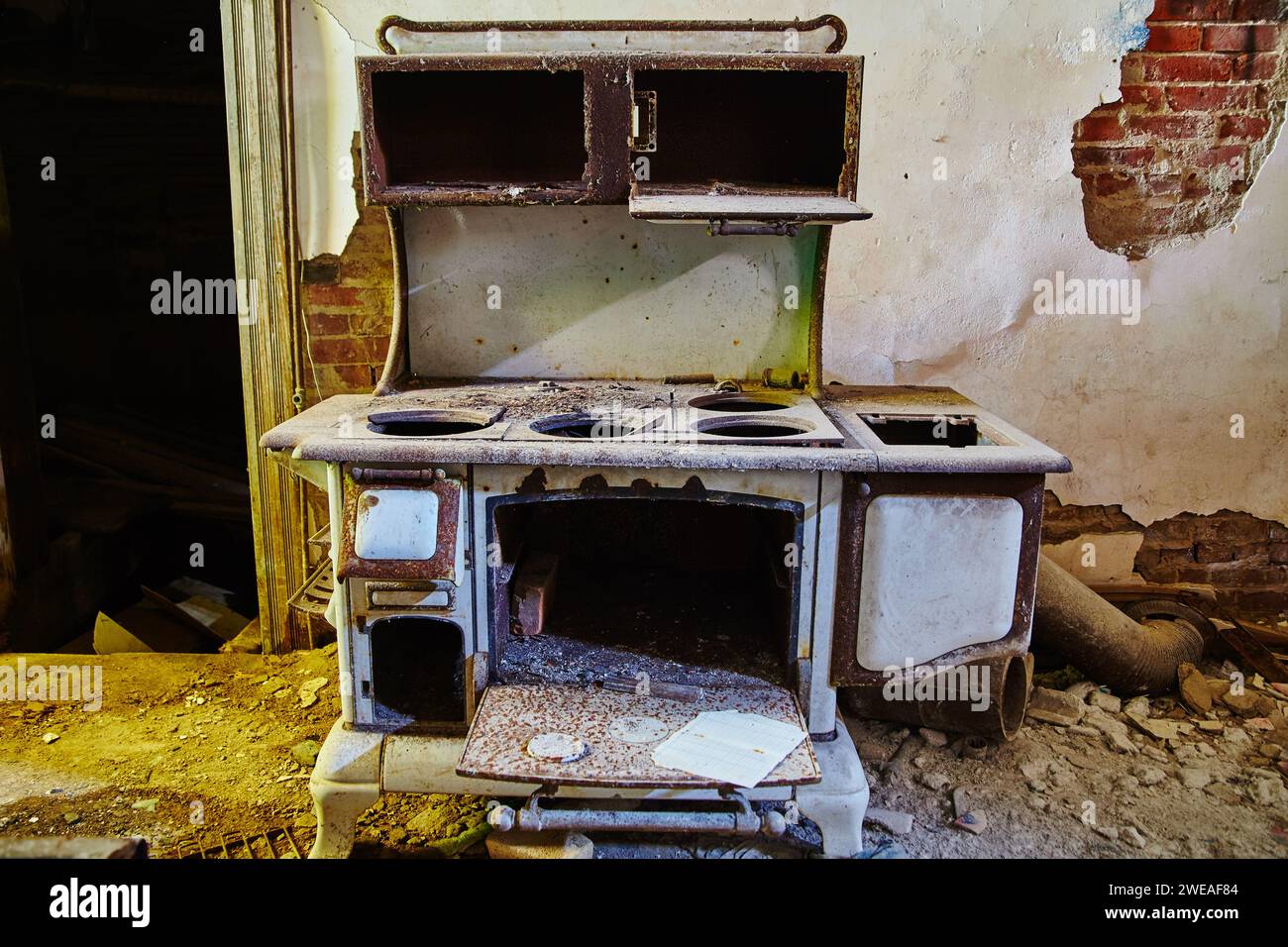 Vintage Abandoned Stove in Derelict Interior, Eye-Level View Stock ...