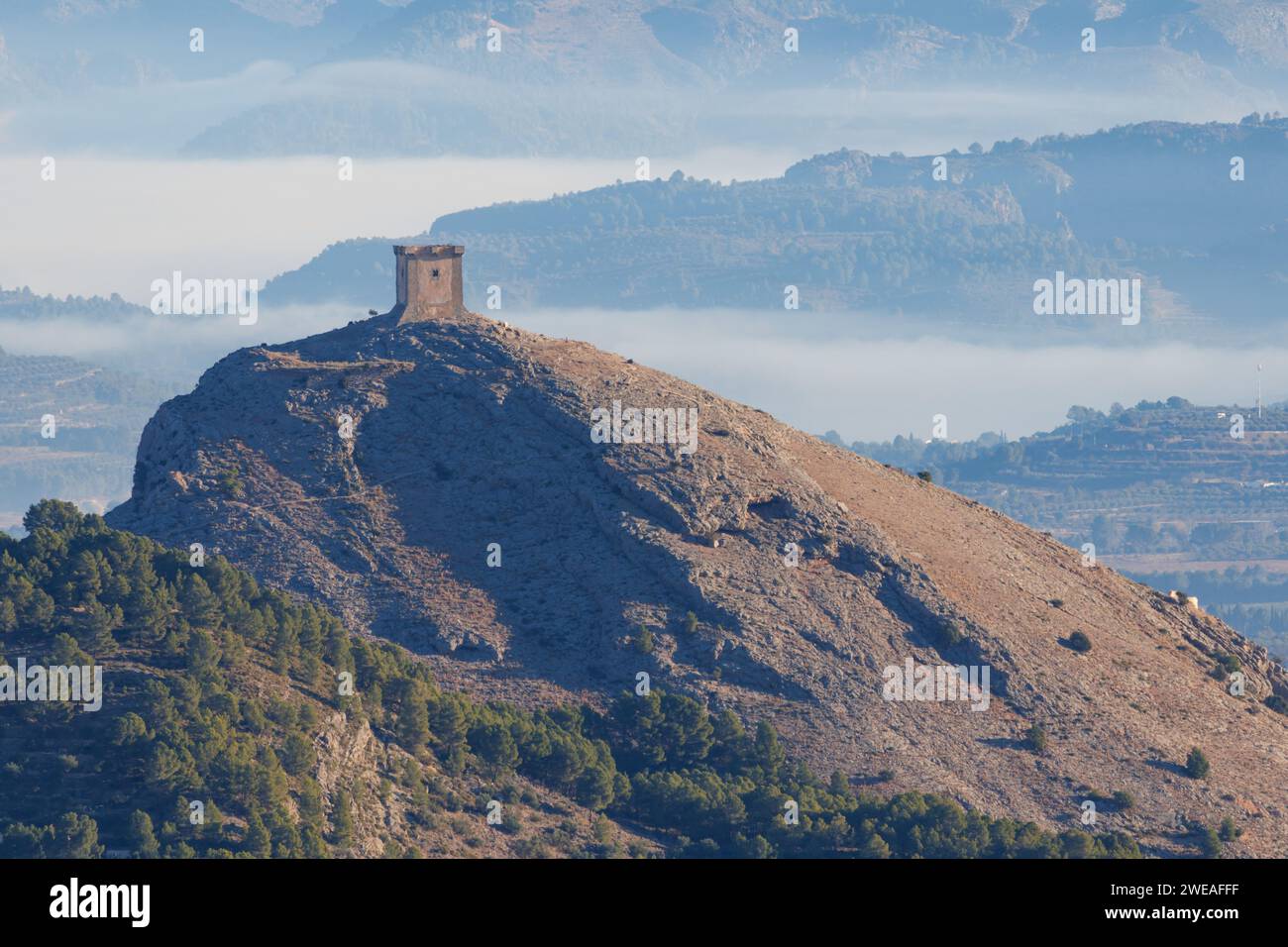 Cocentaina Valley with fog in the Serpis river basin and medieval ...