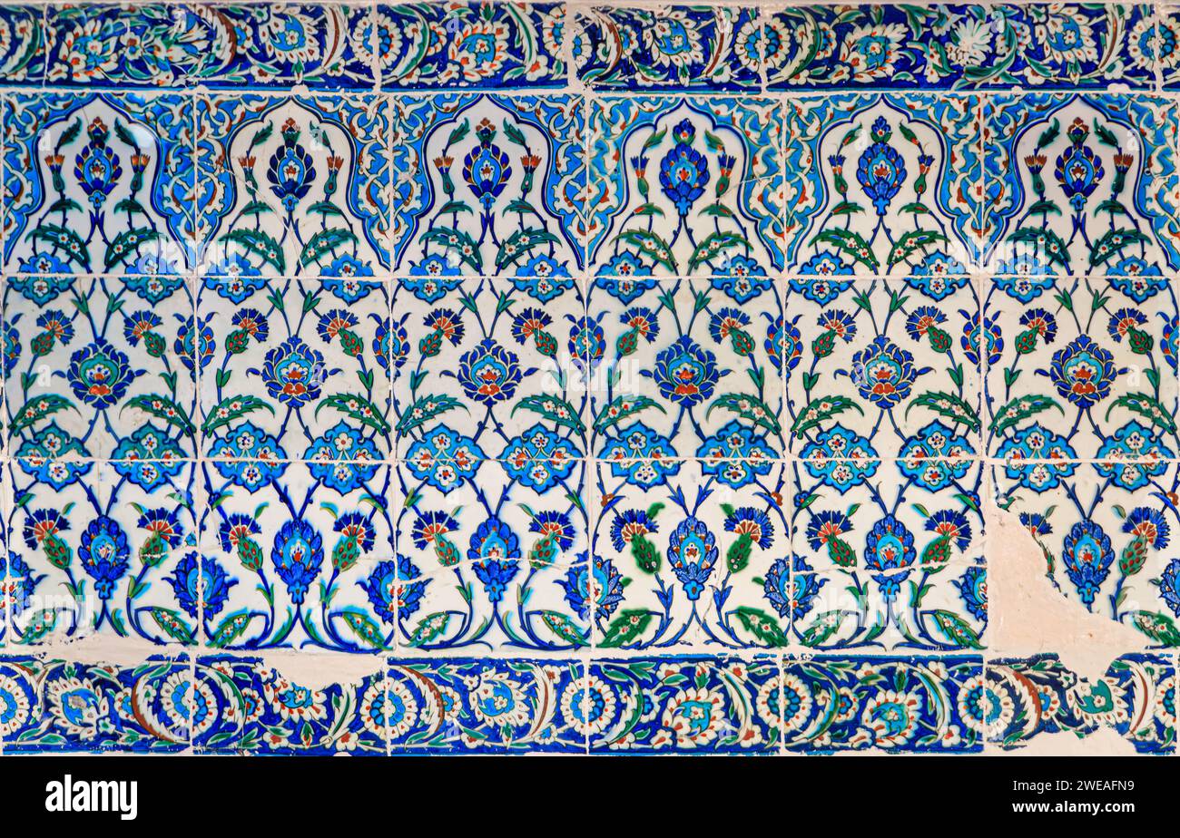 Istanbul, Turkey - November 8, 2023: Ornate blue Iznik tiles with ...