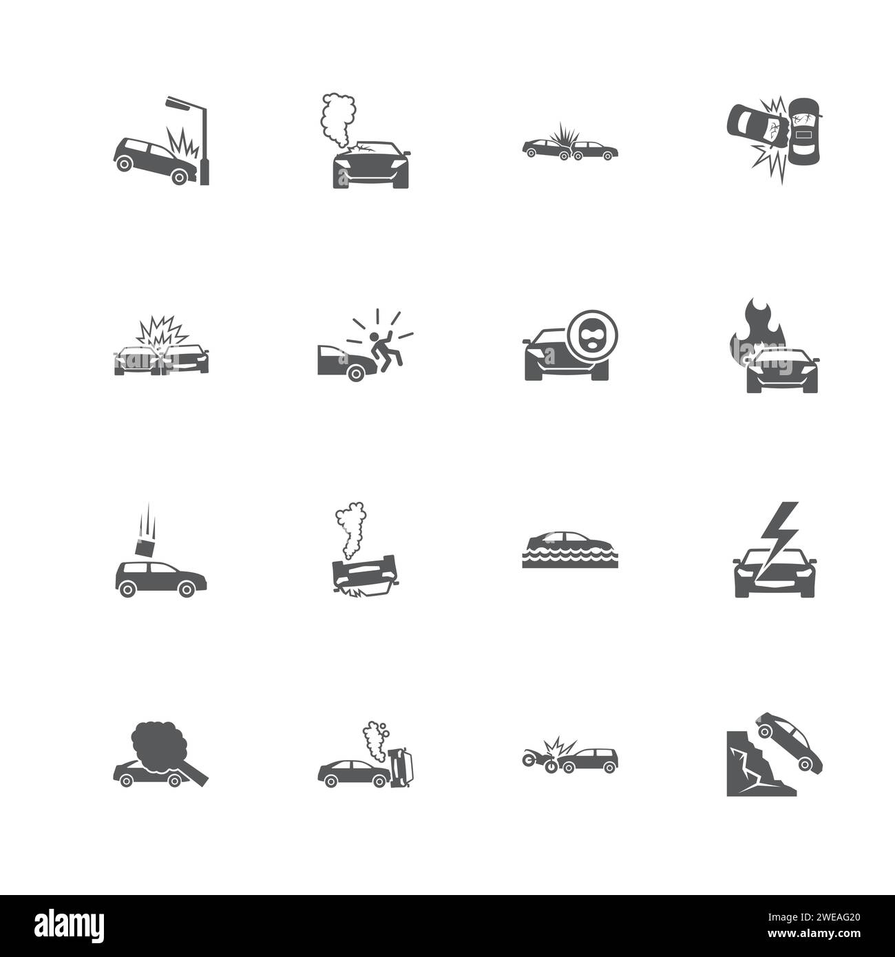 Car Crashes icons. Perfect black pictogram on white background. Flat ...