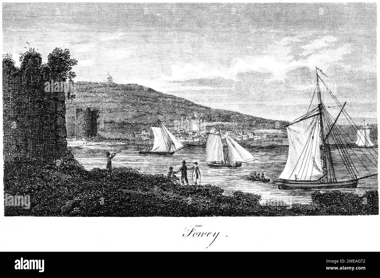 An engraving of Fowey, Cornwall UK scanned at high resolution from a ...