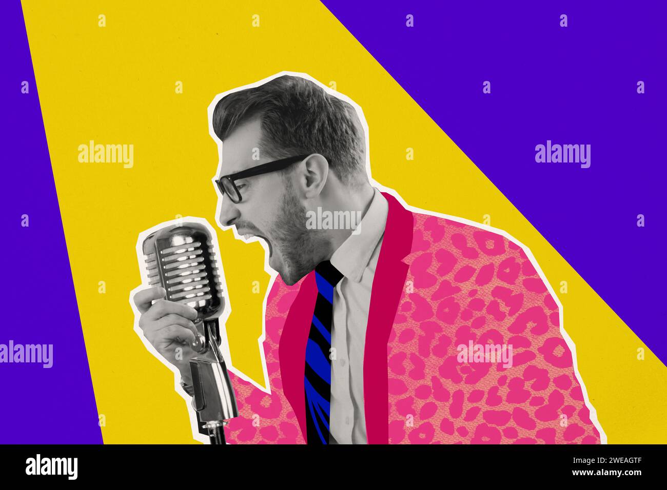 Composite collage portrait of excited black white effect singer guy ...