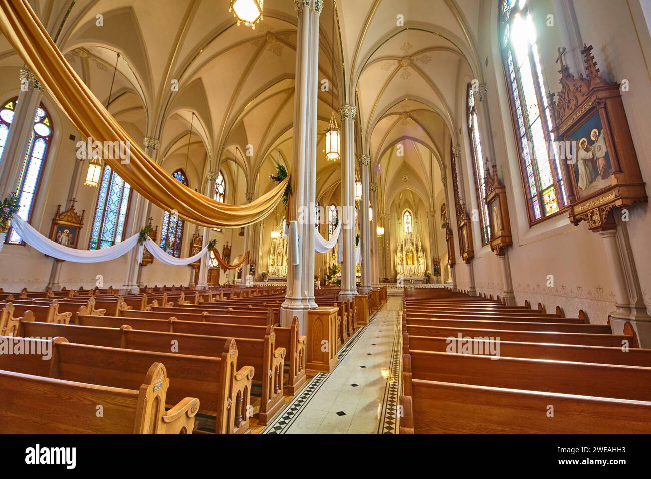 Serene Gothic Church Interior with Stained Glass and Altar Stock Photo ...