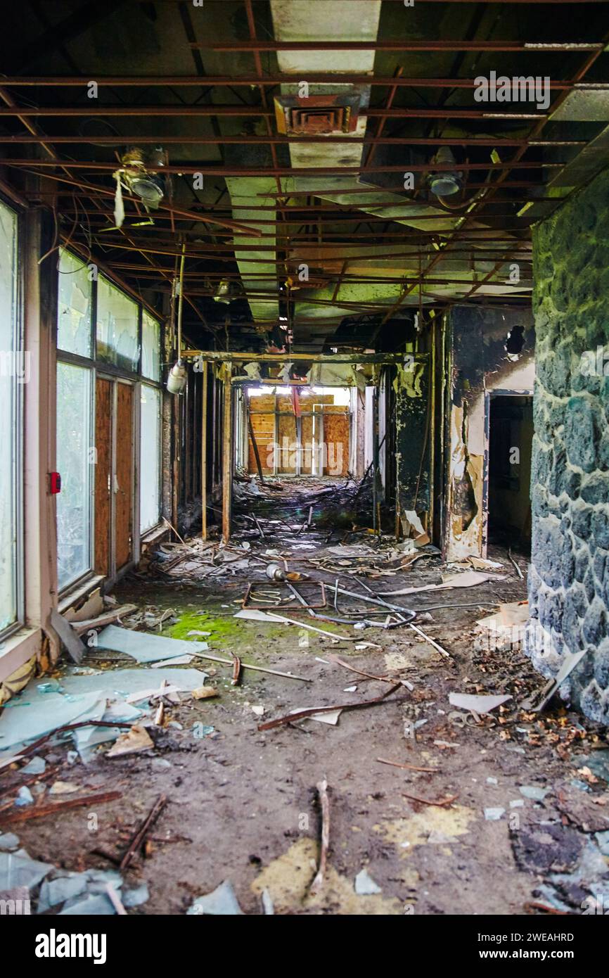 Decayed Hotel Corridor with Debris in North Randall, Ohio Stock Photo ...