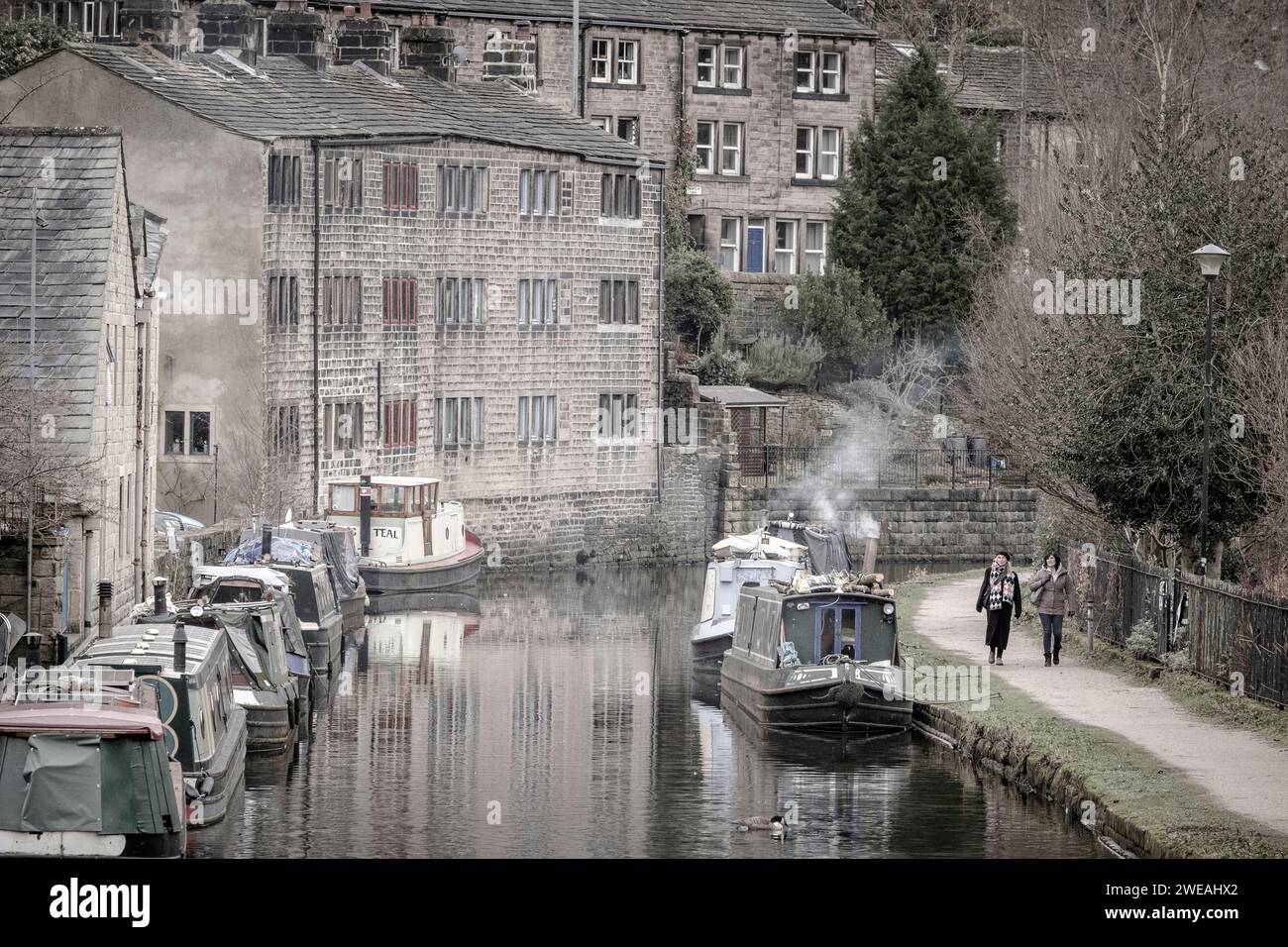 The Rochdale Canal, which runs through Hebden Bridge, Calderdale, West ...