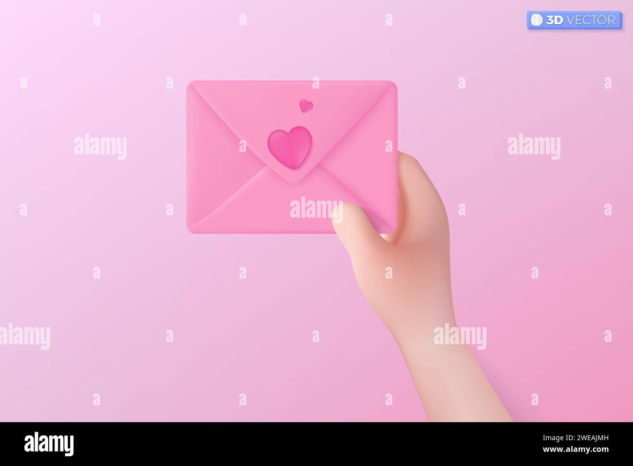 3d hand and Pink mail envelope with red heart icon symbol. Giving love ...