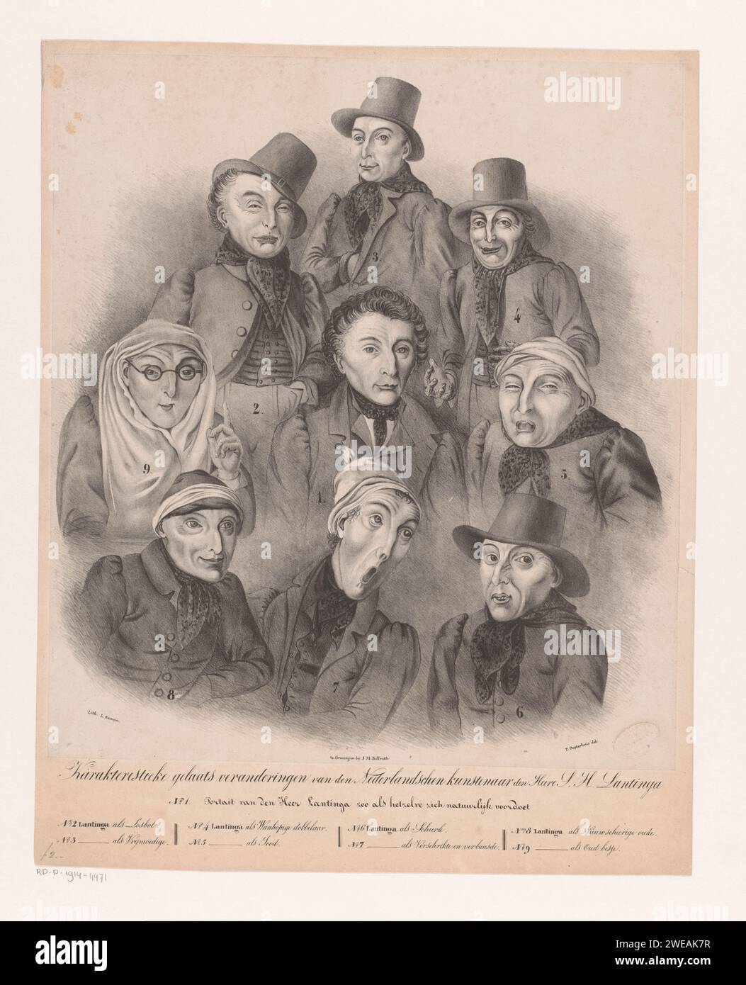 Nine facial expressions by Simon H. Lantinga, Pieter Oosterhuis, 1834 ...