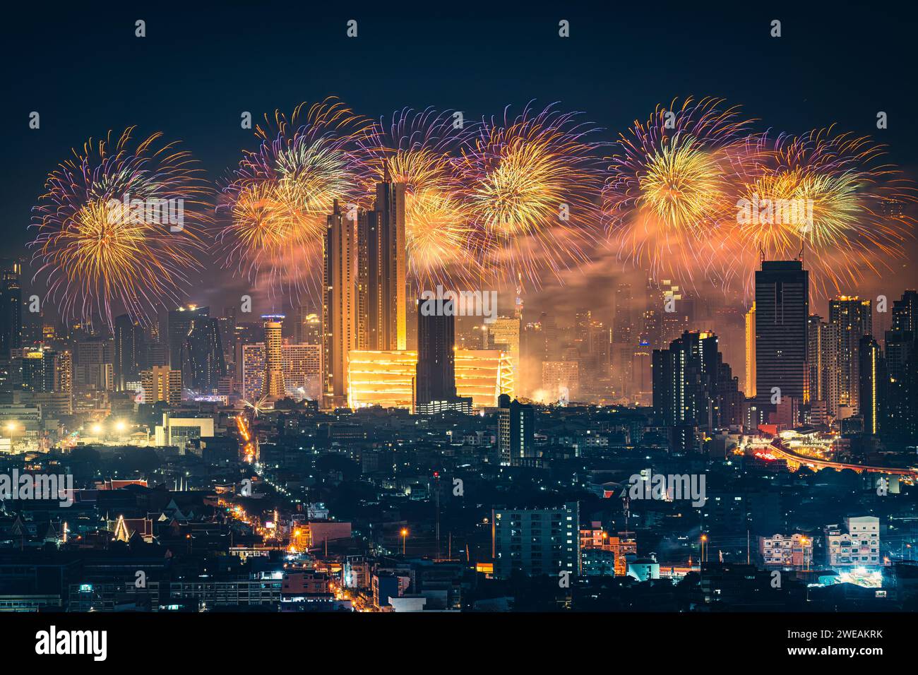 Beautiful annual happy new year festival with firework display glowing ...