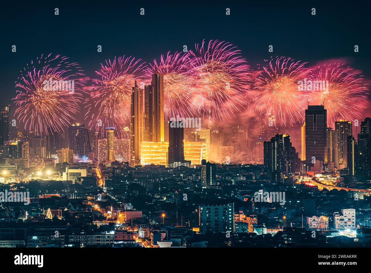 Beautiful annual happy new year festival with firework display glowing ...