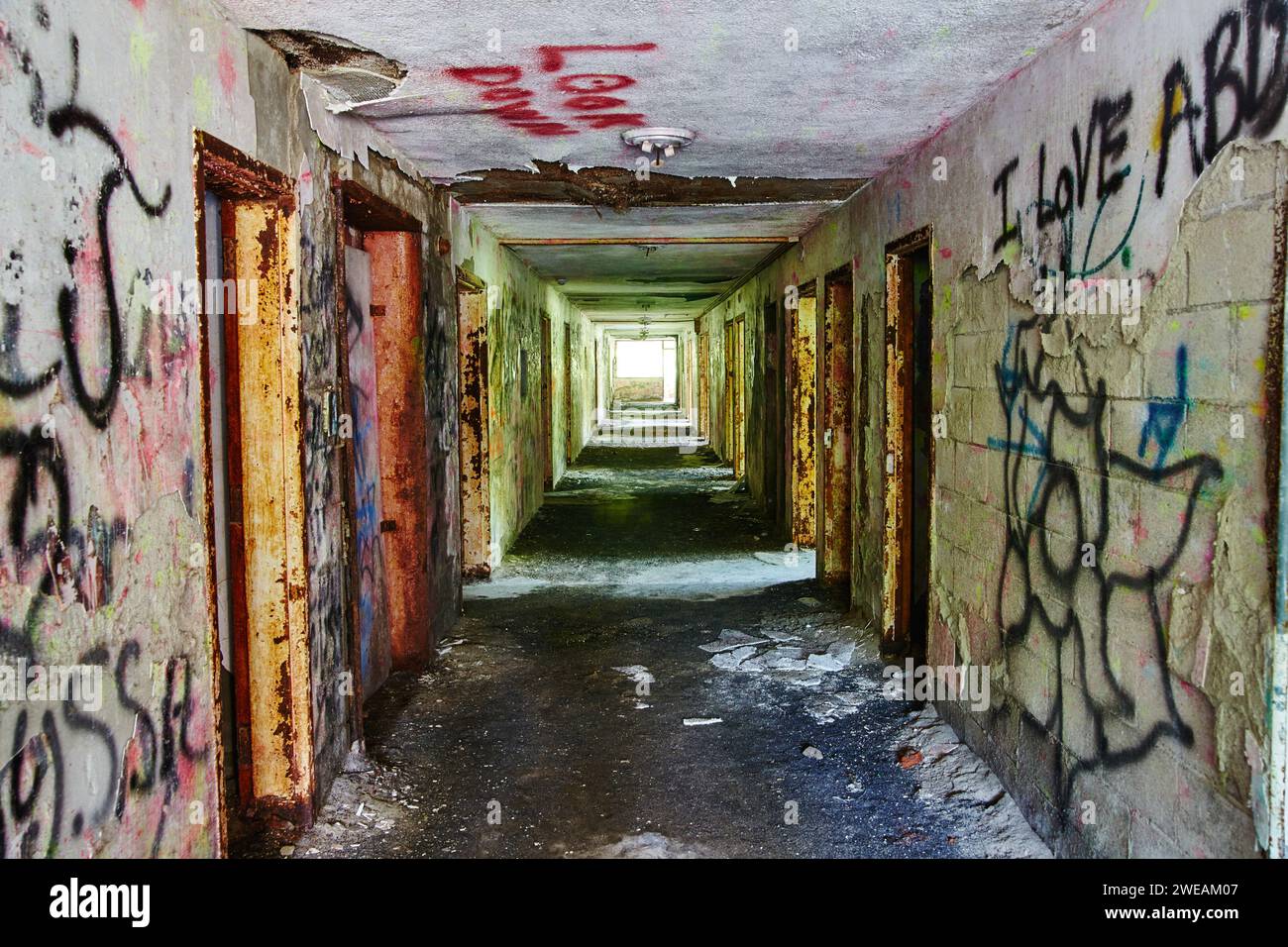 Abandoned Hospital Corridor with Graffiti and Decay, Exploration ...