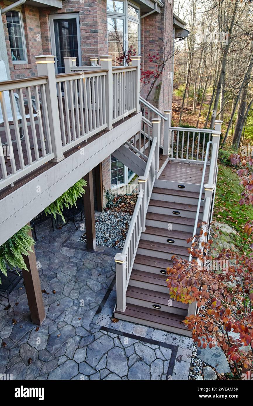 Multi-Level Wooden Deck with Stair Lights and Autumn Trees Stock Photo ...