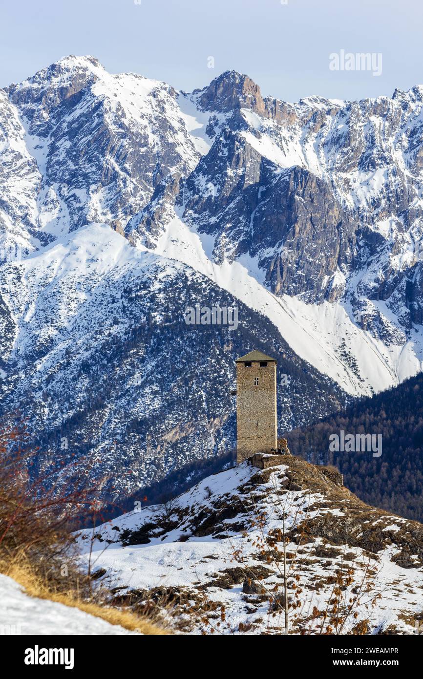 Ardez, Switzerland - January 27.2022: Ruins Steinsberg from the ancient ...