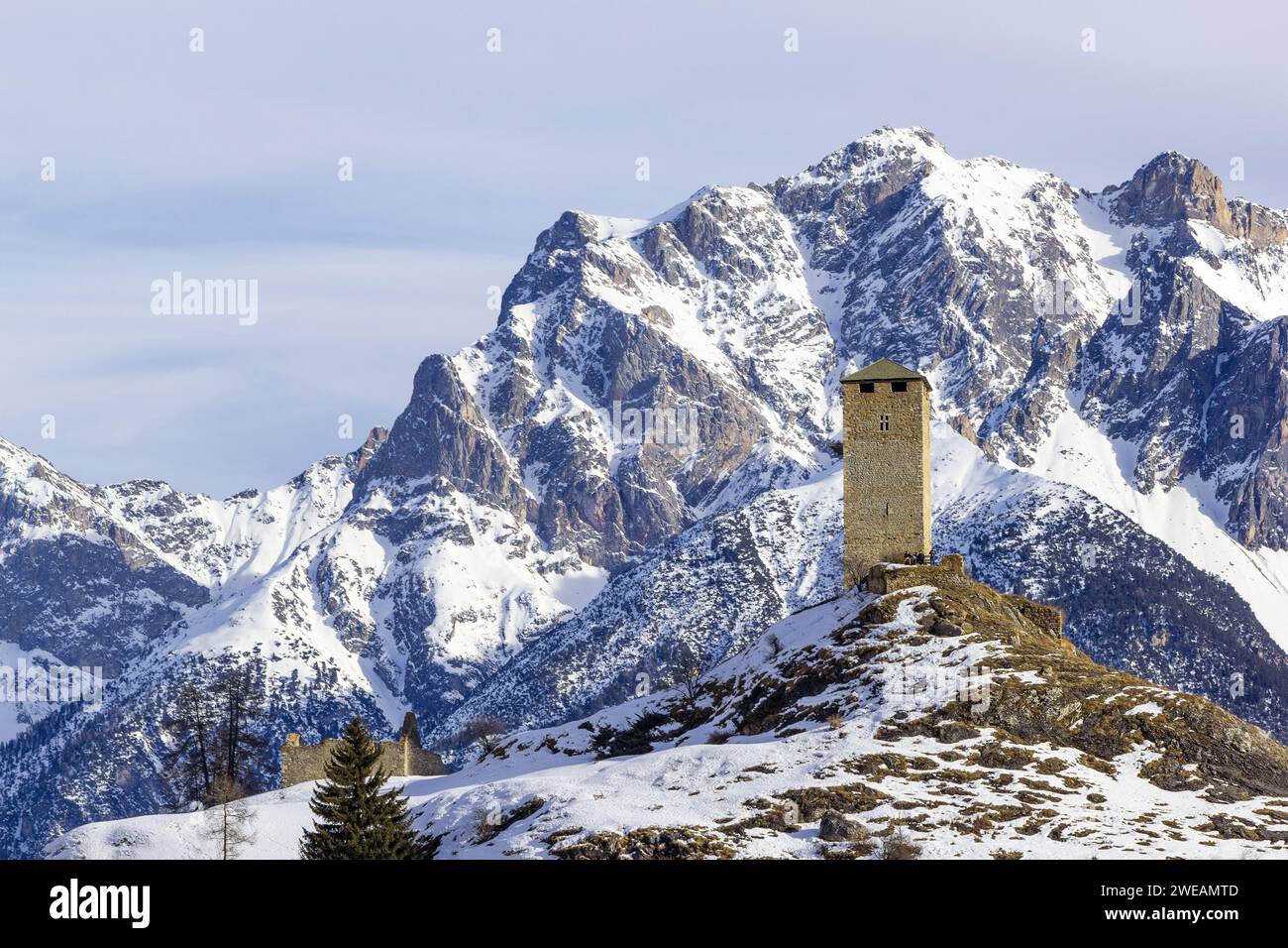 Ardez, Switzerland - January 27.2022: Ruins Steinsberg from the ancient ...