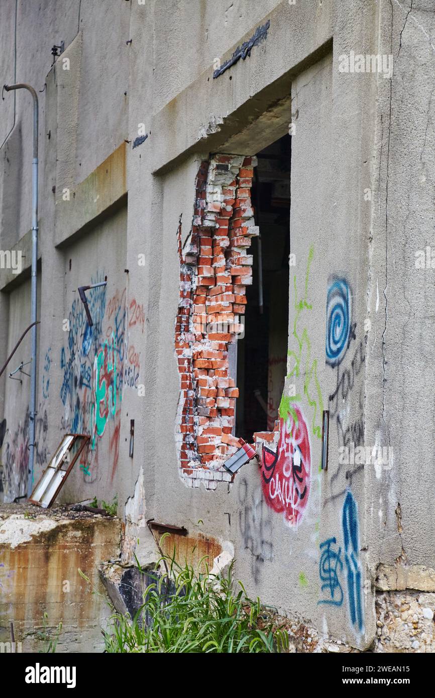 Graffiti on Abandoned Grain Elevator Walls with Urban Decay, Eye-Level ...