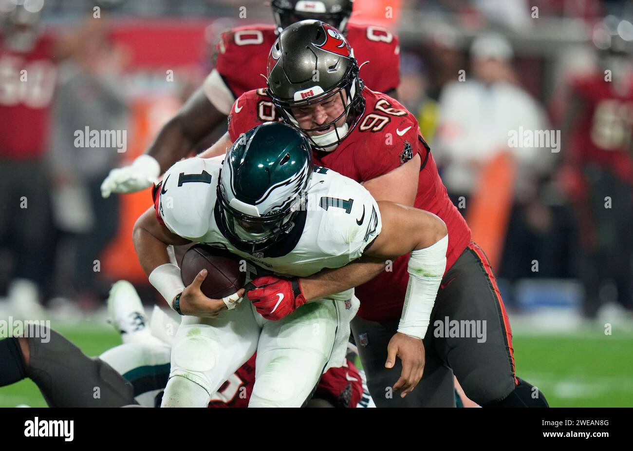 Tampa Bay Buccaneers defensive tackle Greg Gaines (96) sacks Philadelphia Eagles quarterback ...