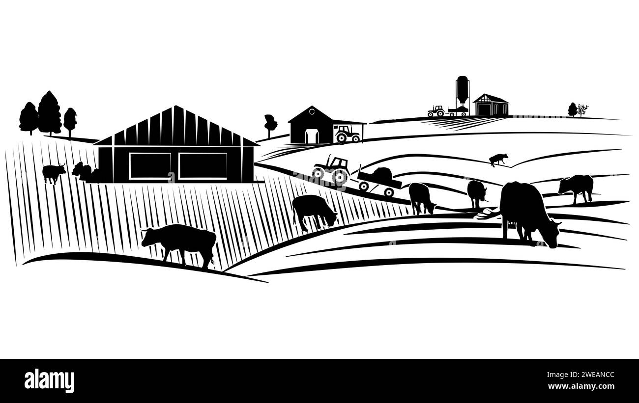 Silhouette scene from farm life with fields, cows, barns and machinery ...