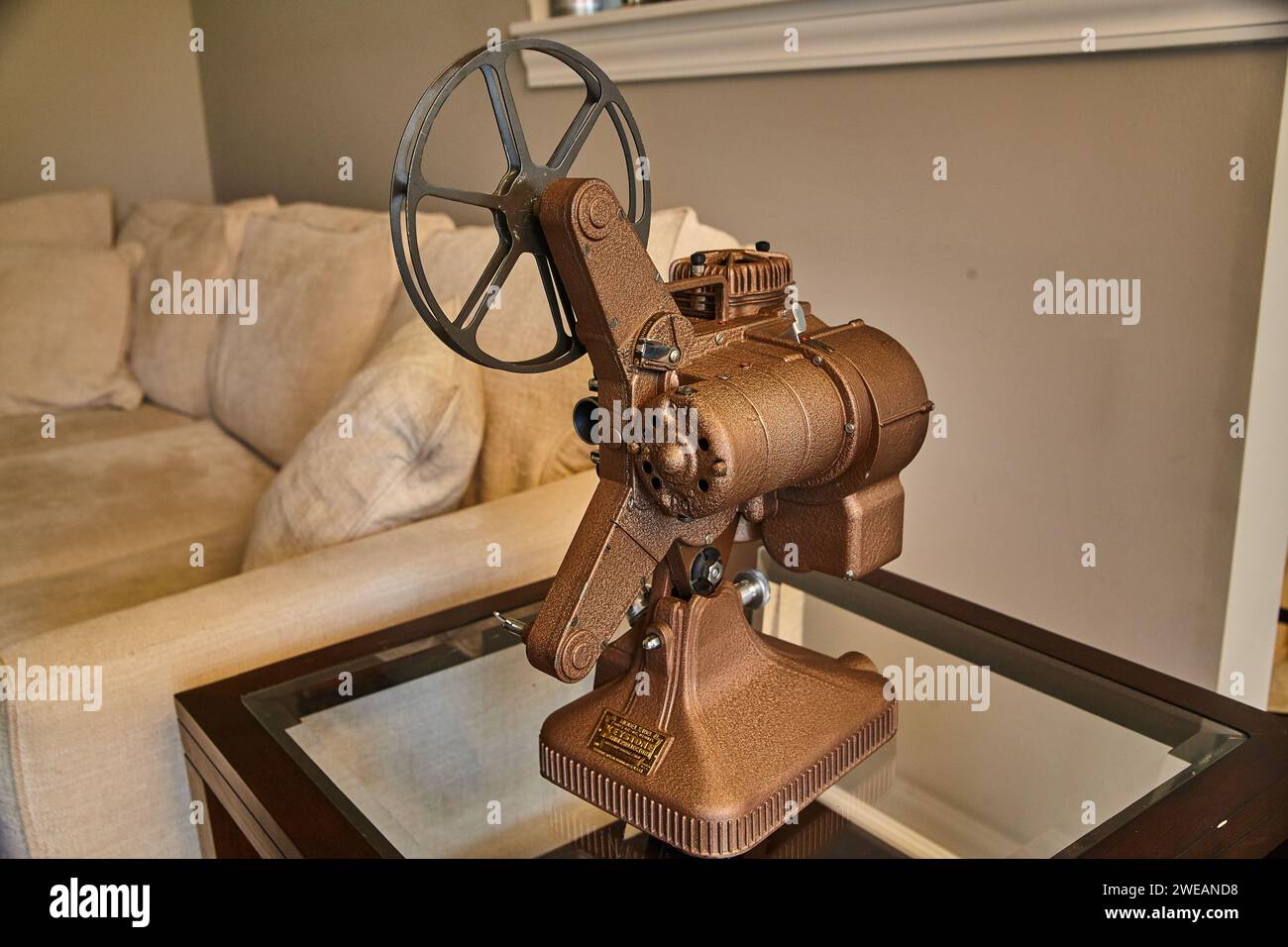 Antique Film Projector on Glass Table with Cozy Interior Background ...