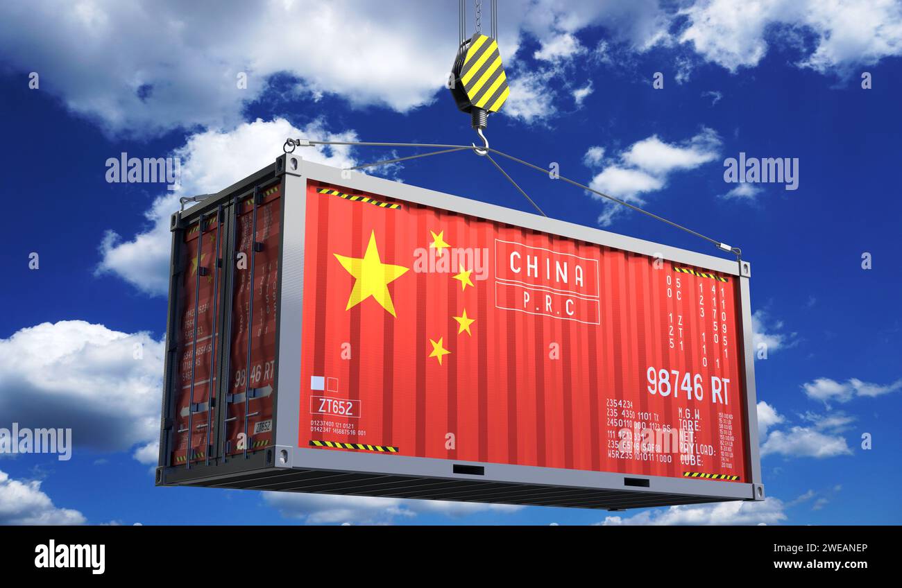 Freight shipping container with national flag of China hanging on crane ...
