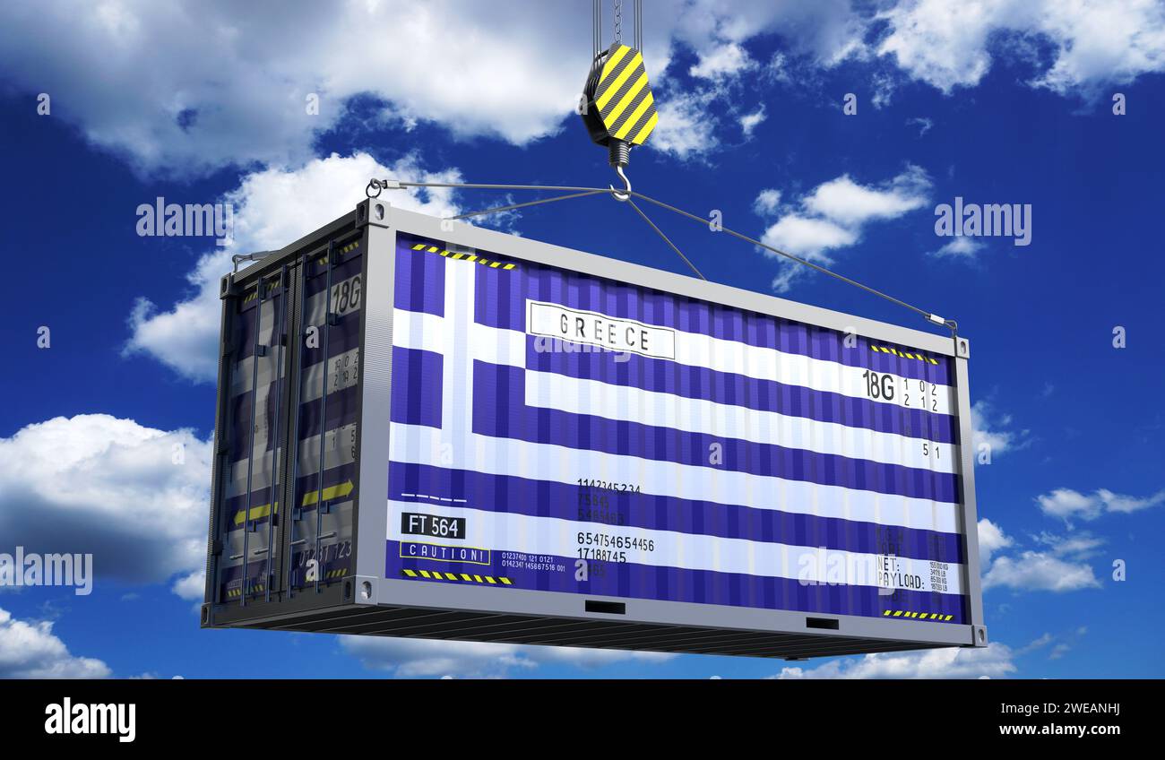 Freight shipping container with national flag of Greece hanging on ...