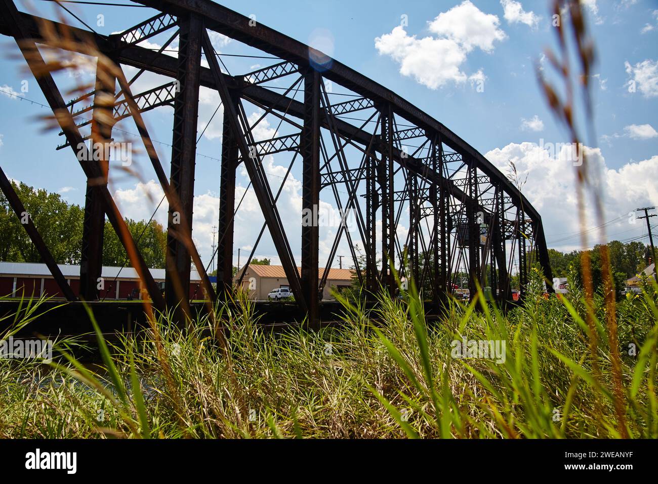 Rustic Metal Railroad Bridge in Small Town America, Low Angle View ...