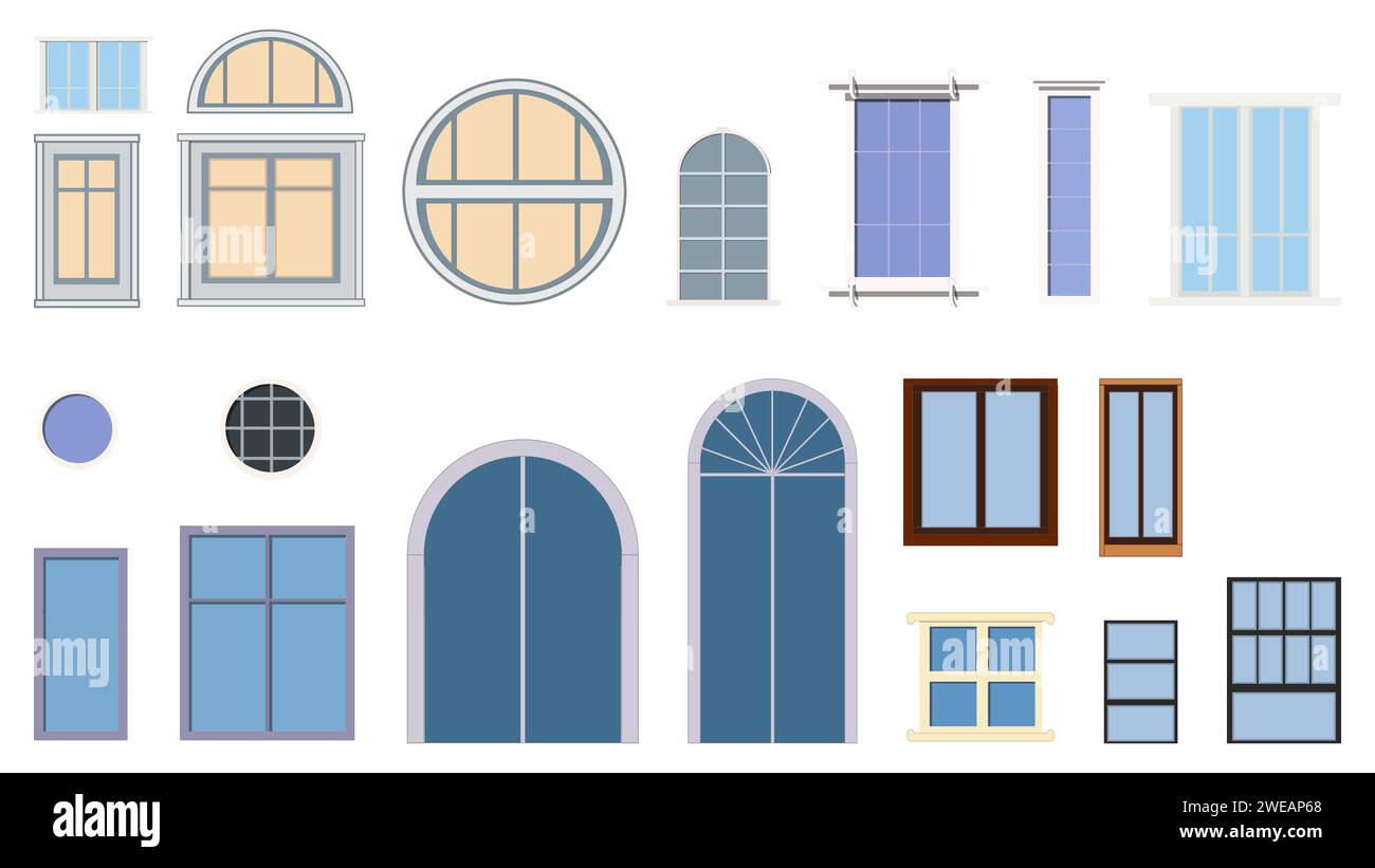Set of various colored windows for houses isolated on white background ...