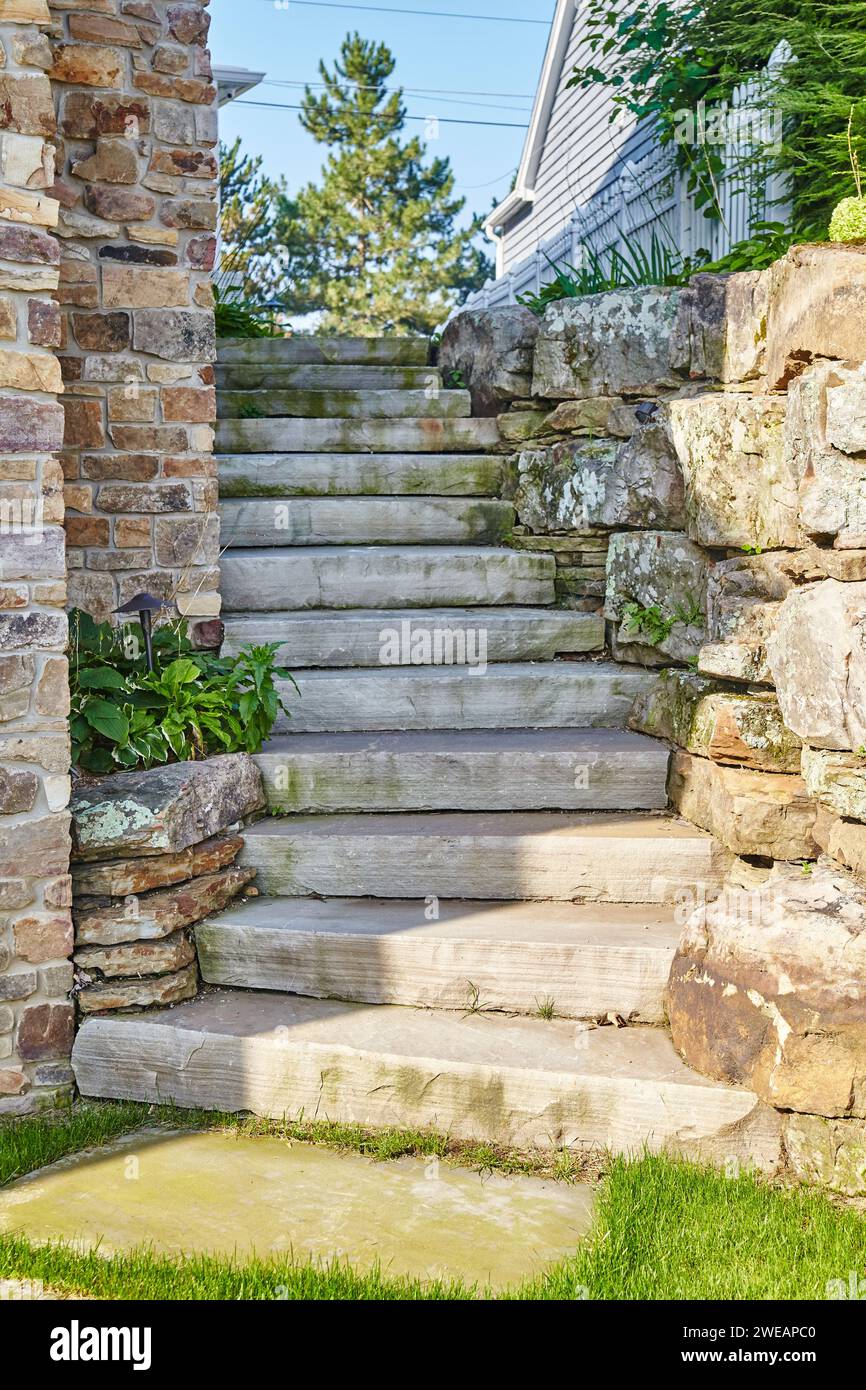Rustic Stone Staircase and Garden Pathway in Sunlight Stock Photo - Alamy