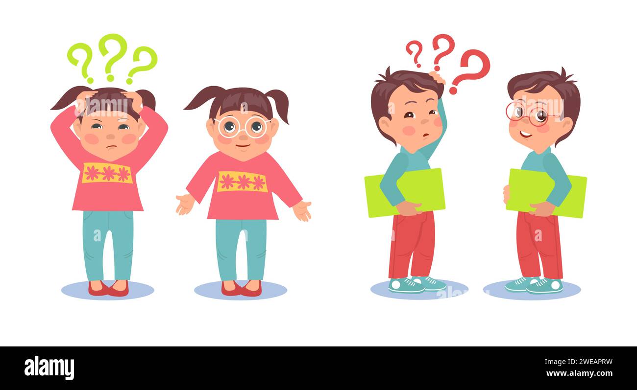 Boy and girl see poorly without glasses and well with eyeglasses. Sad ...