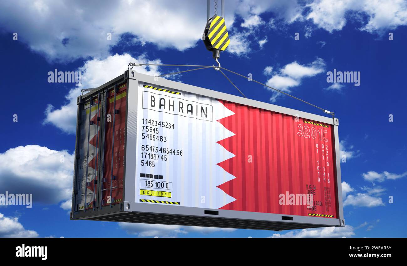Freight shipping container with national flag of Bahrain hanging on ...
