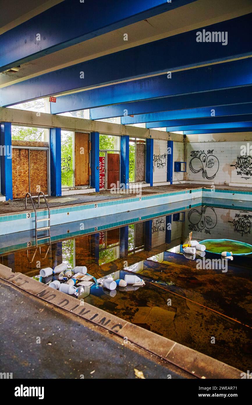 Abandoned Hotel Pool with Graffiti and Decay, Eye-Level View Stock ...