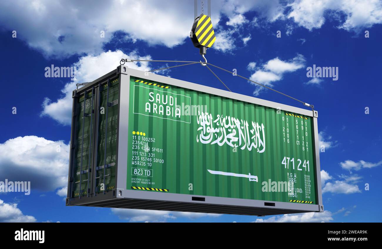 Freight shipping container with national flag of Saudi Arabia hanging ...