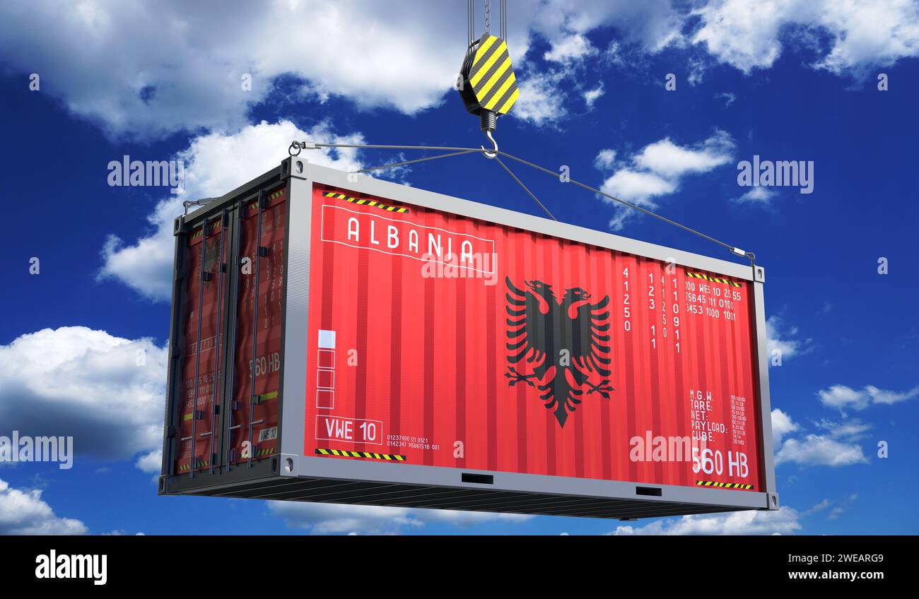 Freight shipping container with national flag of Albania hanging on ...