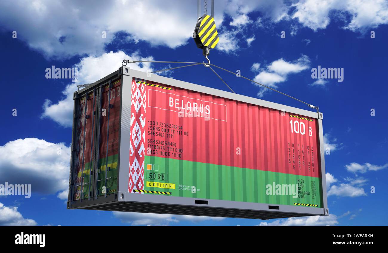 Freight shipping container with national flag of Belarus hanging on ...