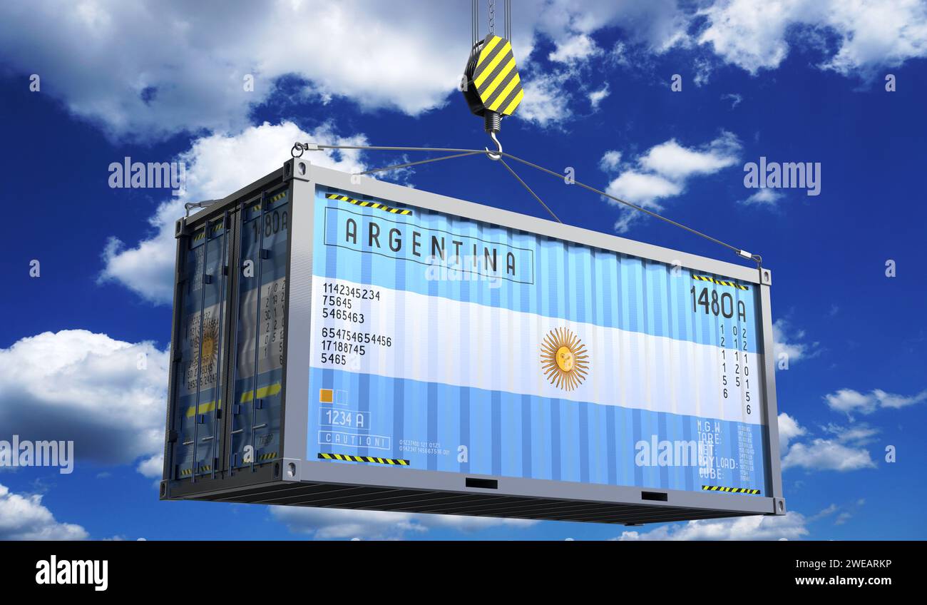 Freight shipping container with national flag of Argentina hanging on ...