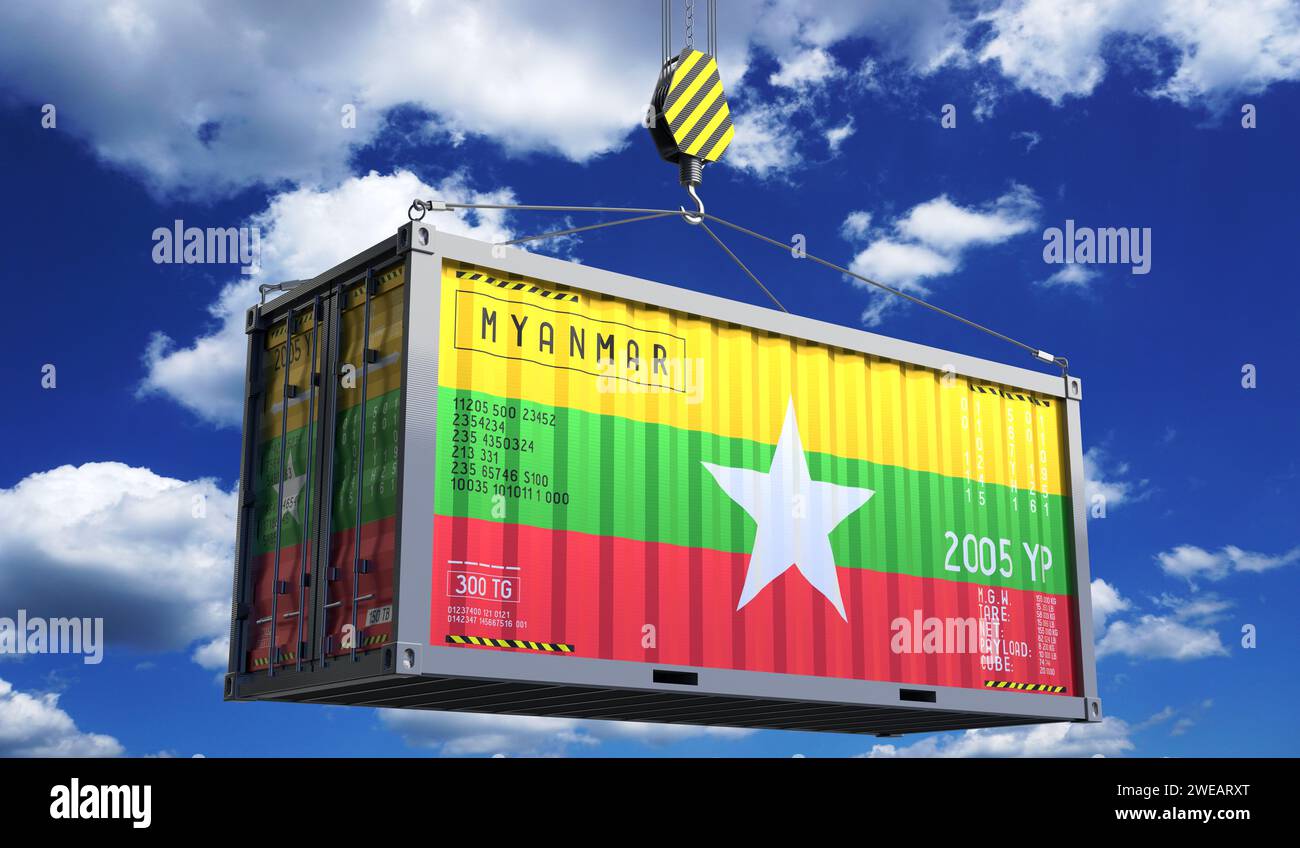 Freight shipping container with national flag of Myanmar hanging on ...
