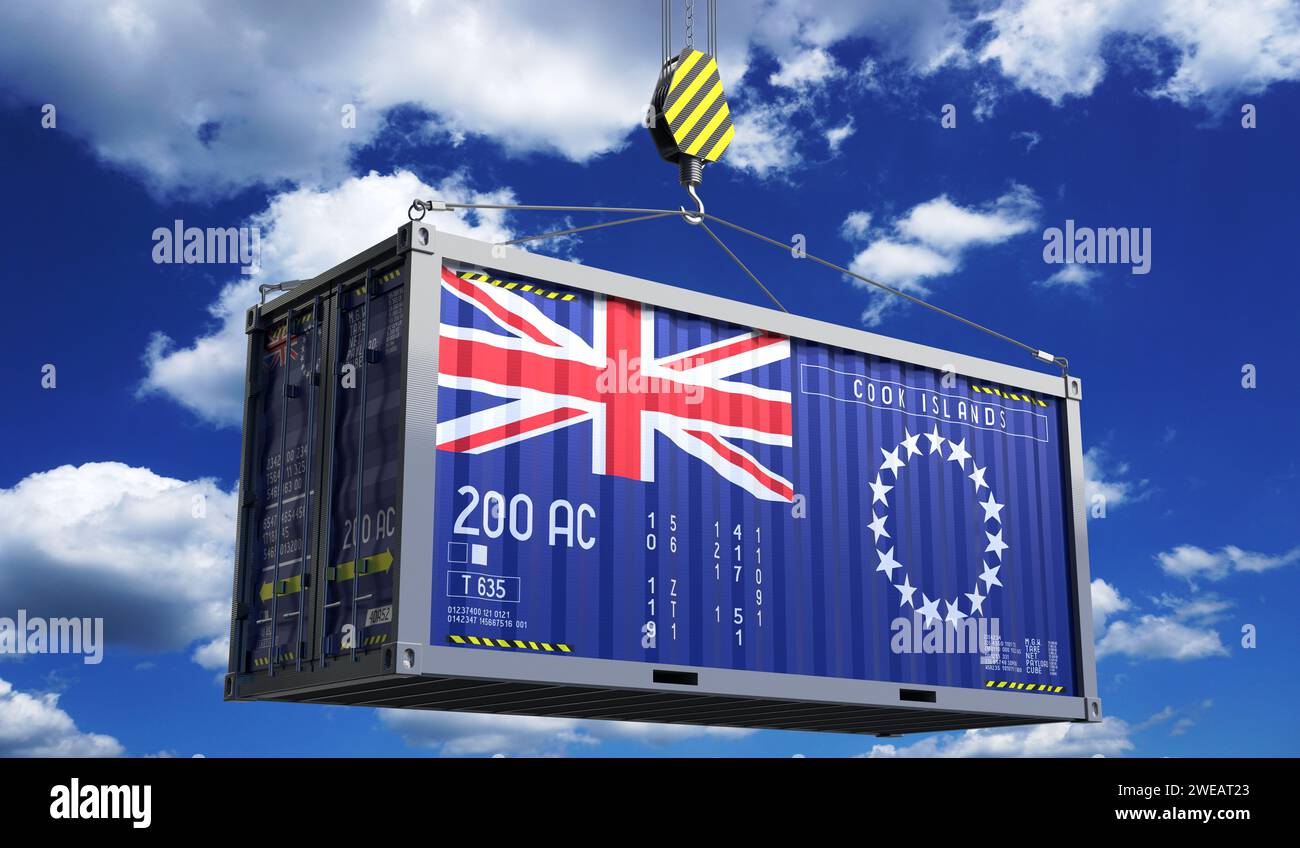 Freight shipping container with national flag of Cook Islands hanging ...