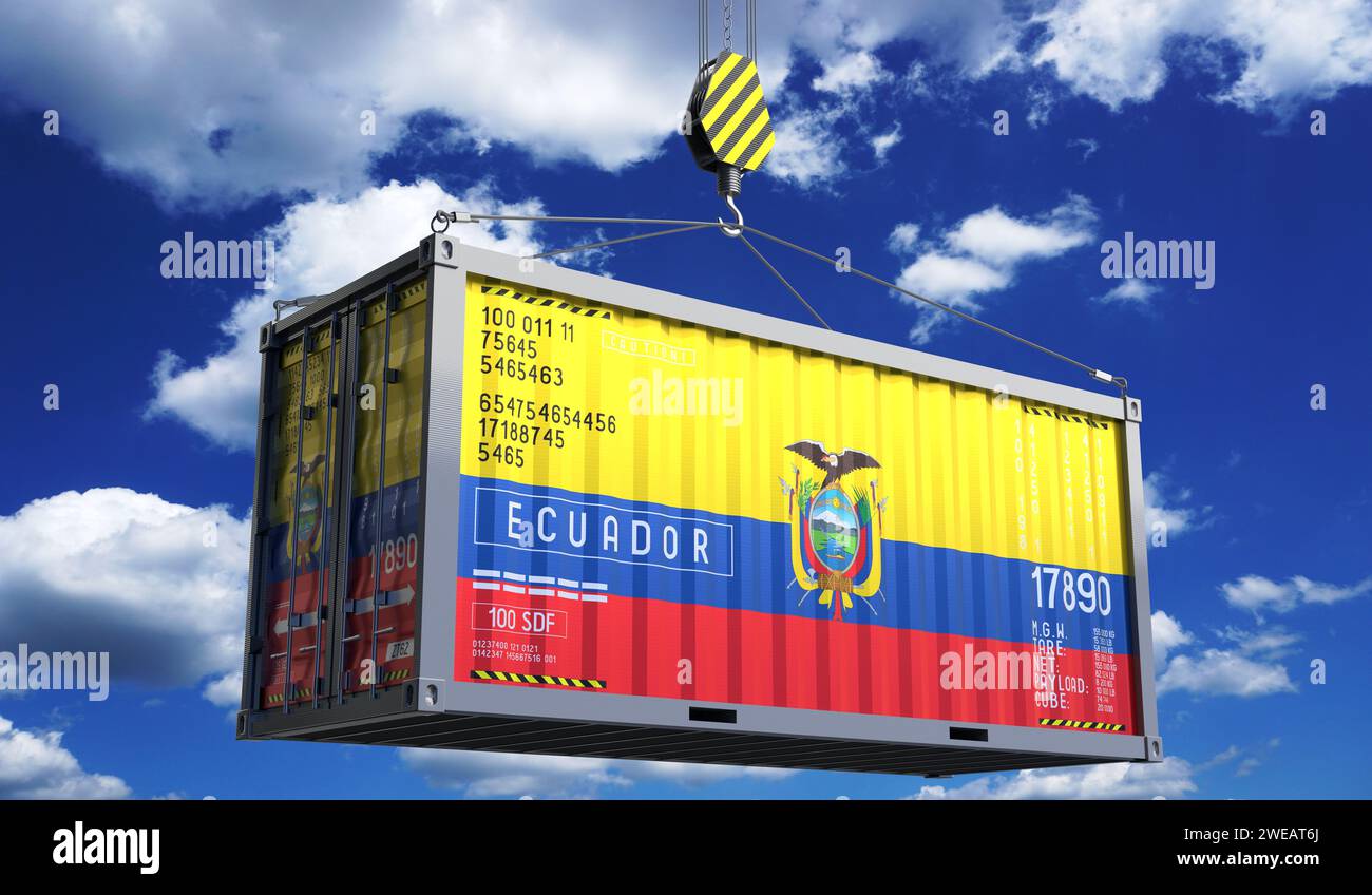 Freight shipping container with national flag of Ecuador hanging on ...