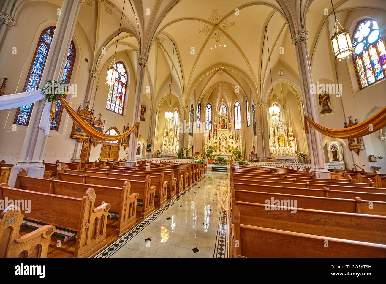 Elegant Church Interior with Stained Glass and Pews, Eye-Level Aisle ...