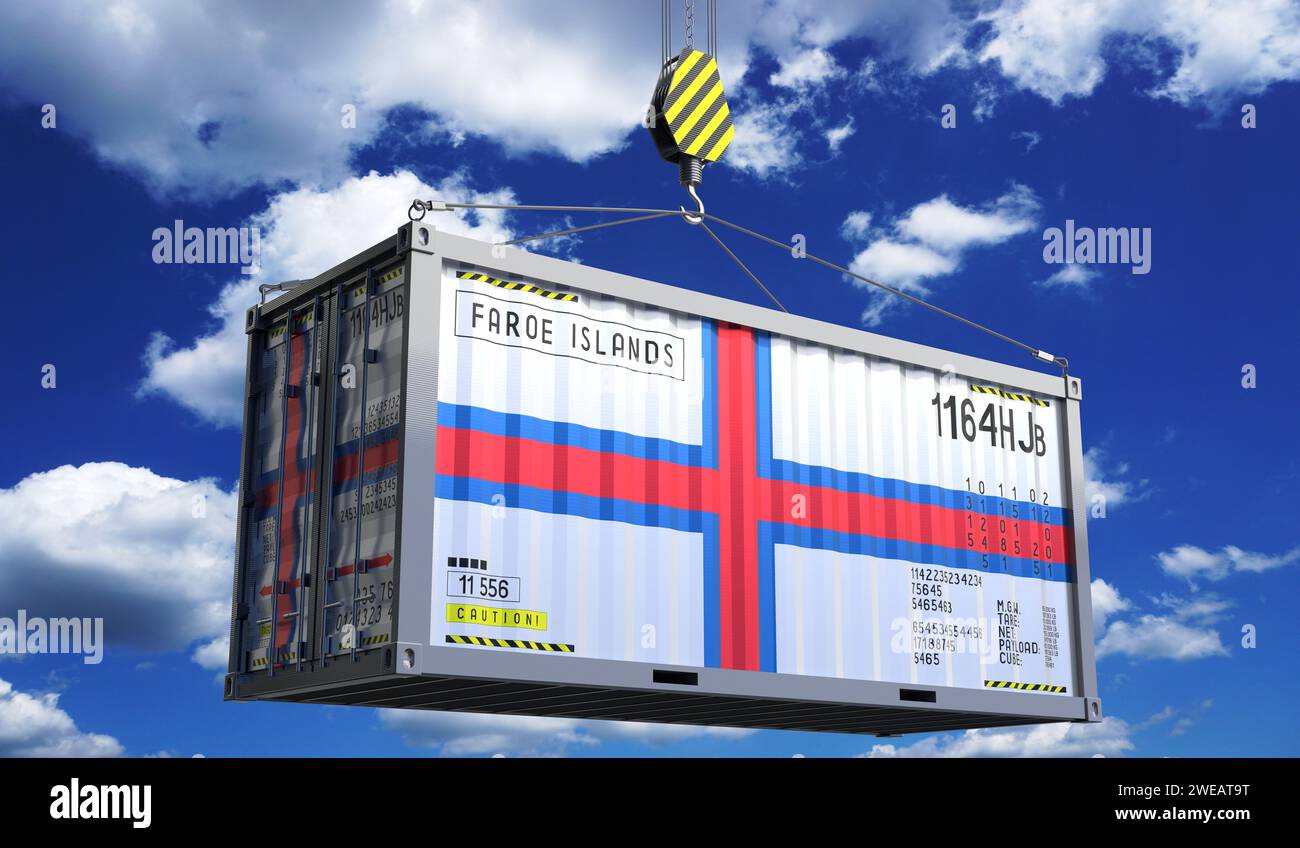 Freight shipping container with national flag of Faroe Islands hanging ...