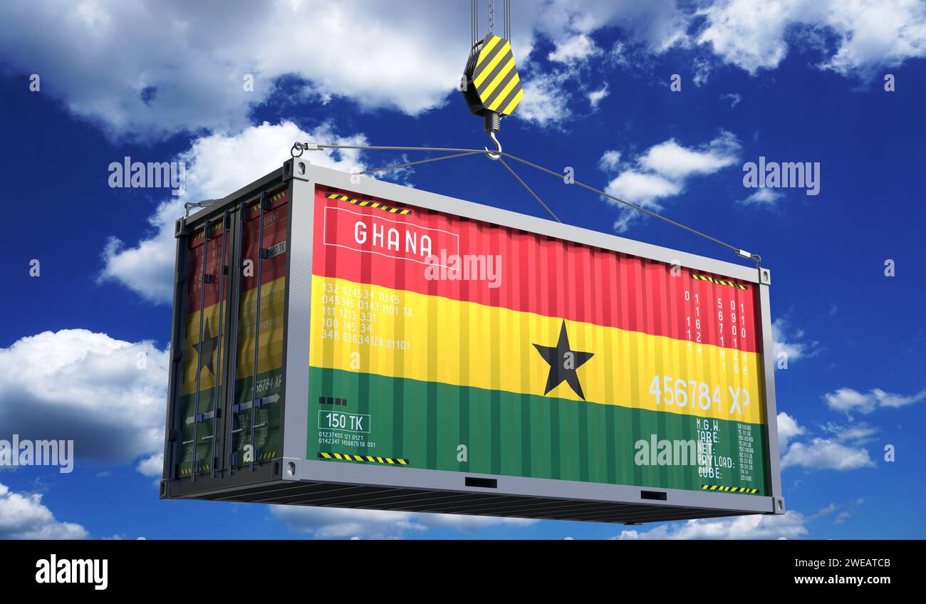 Freight shipping container with national flag of Ghana hanging on crane ...