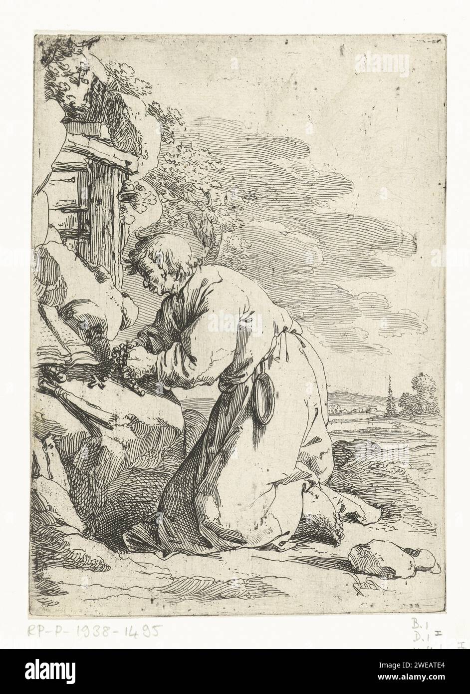 Kneeling hermit in prayer, Andries Both, c. 1622 - c. 1642 print A ...
