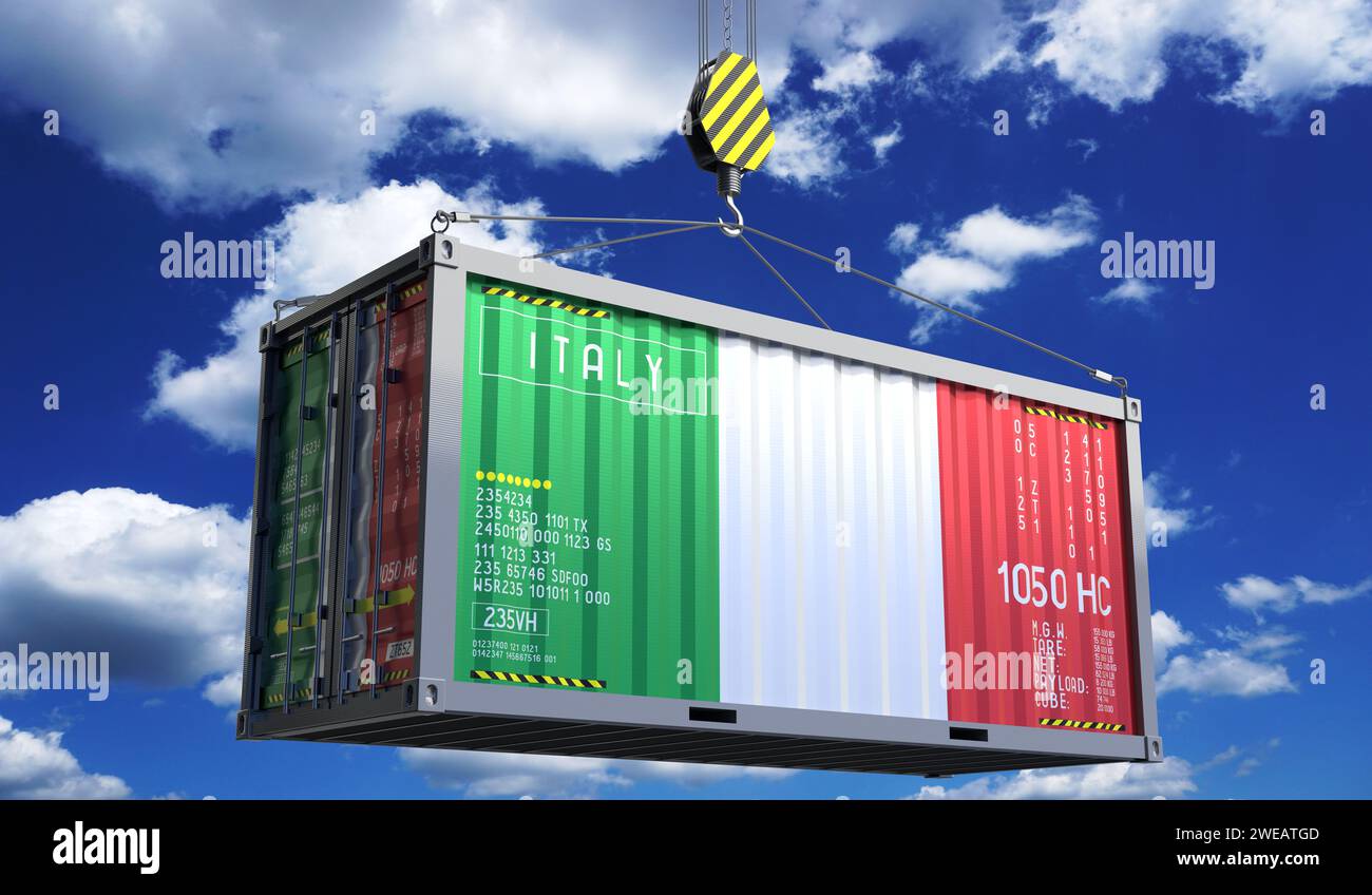 Freight shipping container with national flag of Italy hanging on crane ...