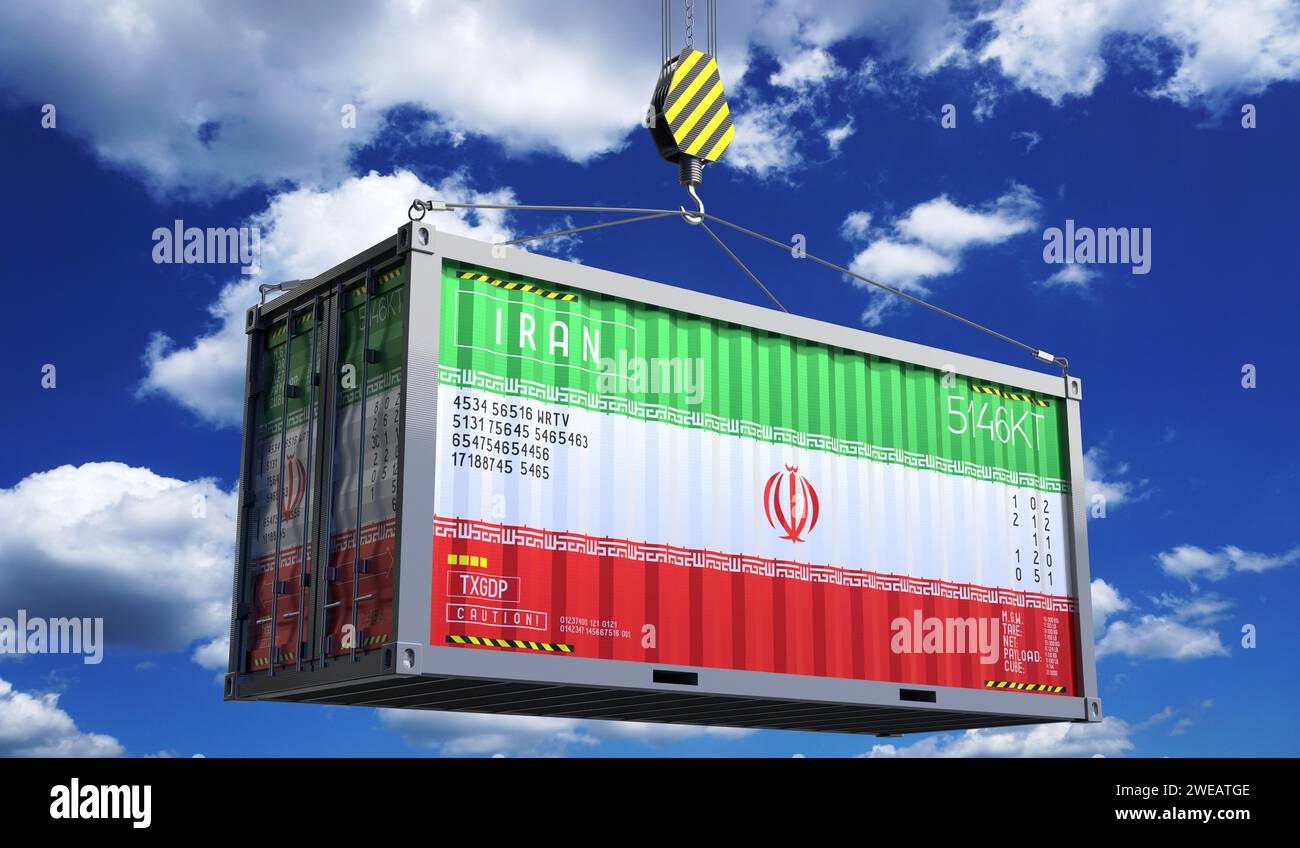 Freight shipping container with national flag of Iran hanging on crane ...