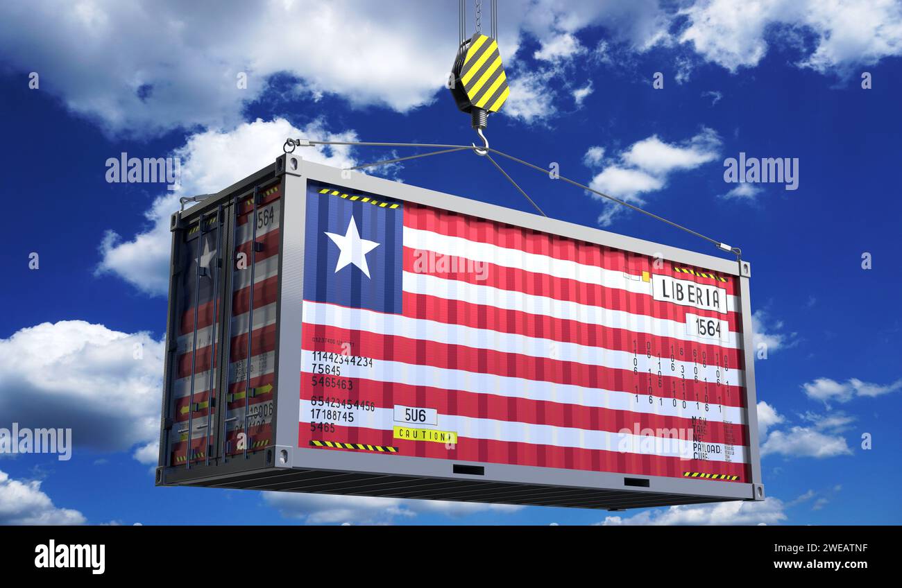 Freight shipping container with national flag of Liberia hanging on ...