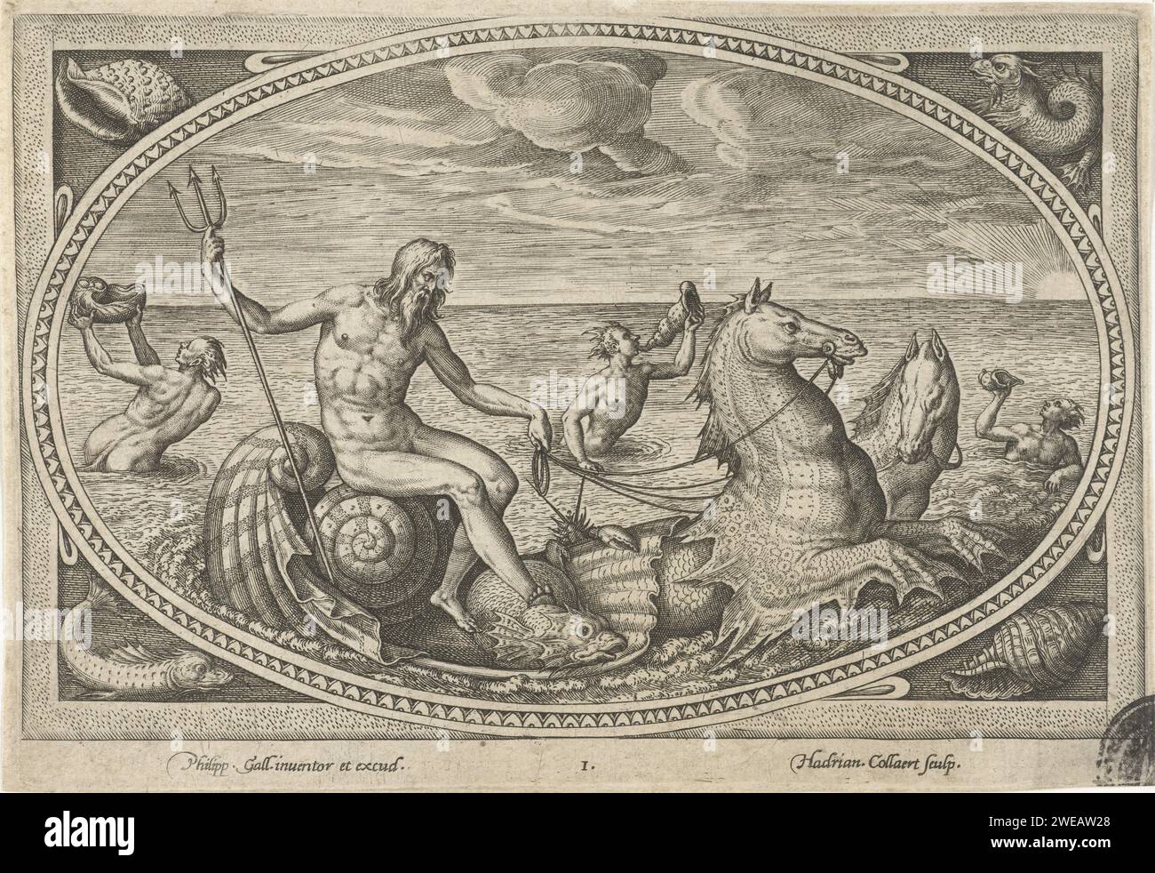 Neptune, Adriaen Collaert, after Philips Galle, 1570 - 1618 print In an ...