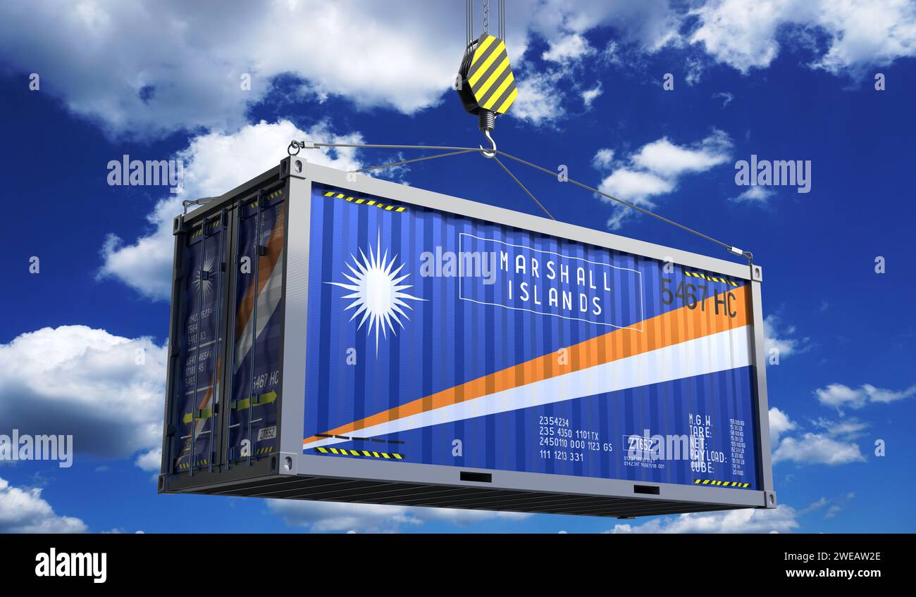 Freight shipping container with national flag of Marshall Islands hanging on crane hook - 3D ...