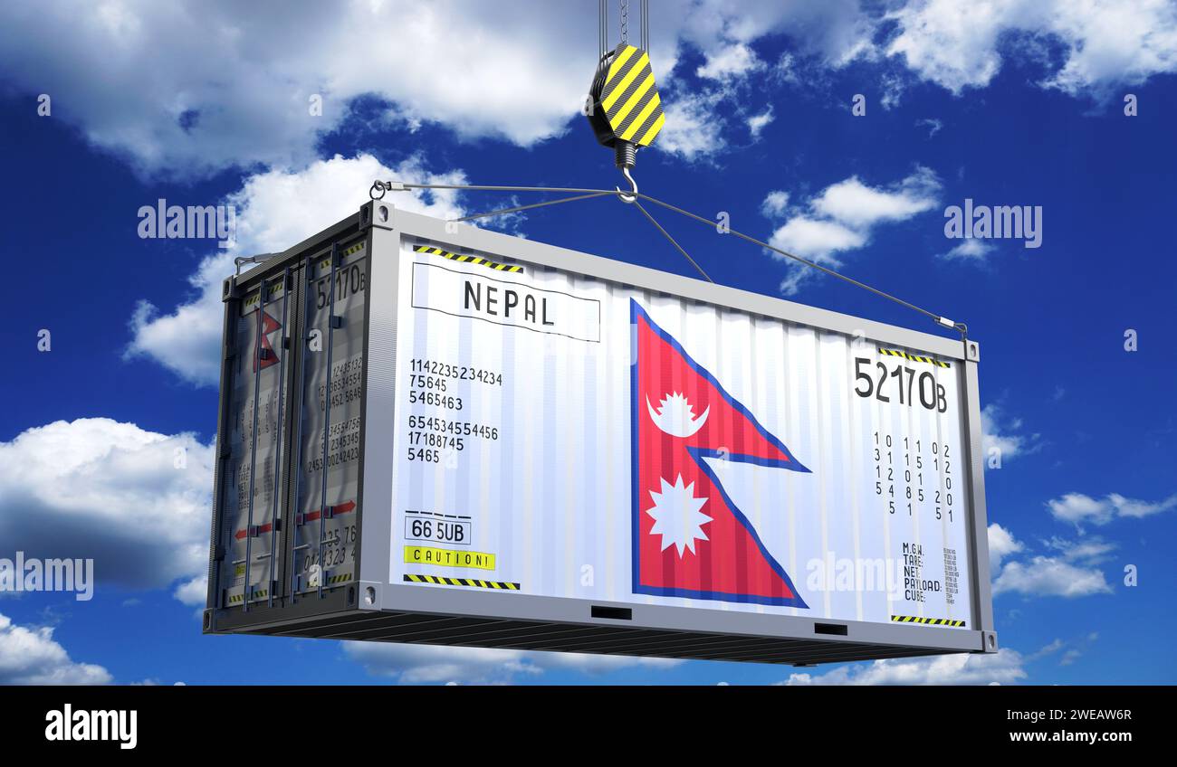 Freight shipping container with national flag of Nepal hanging on crane ...