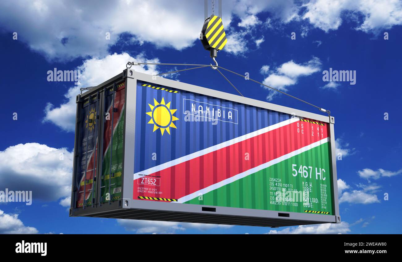 Freight shipping container with national flag of Namibia hanging on ...