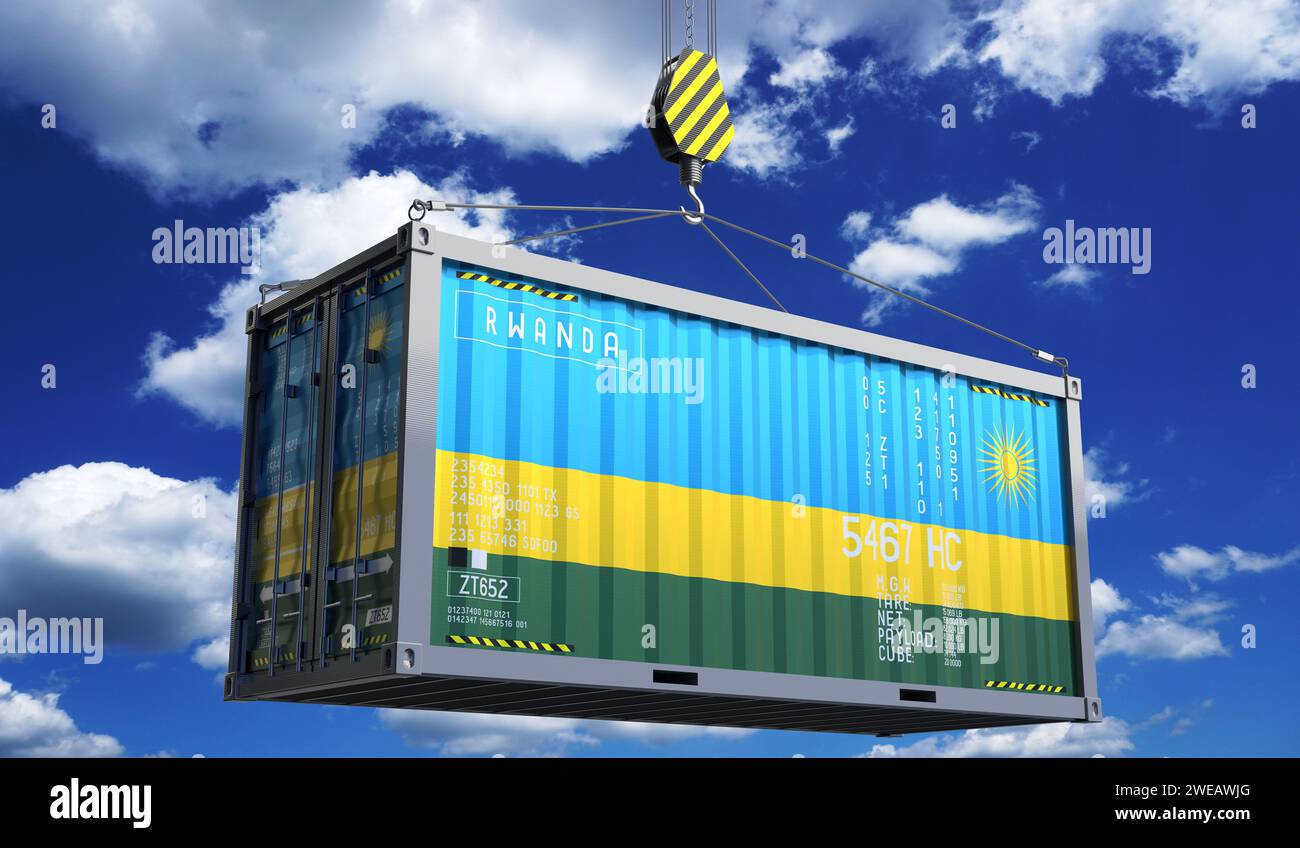 Freight shipping container with national flag of Rwanda hanging on ...